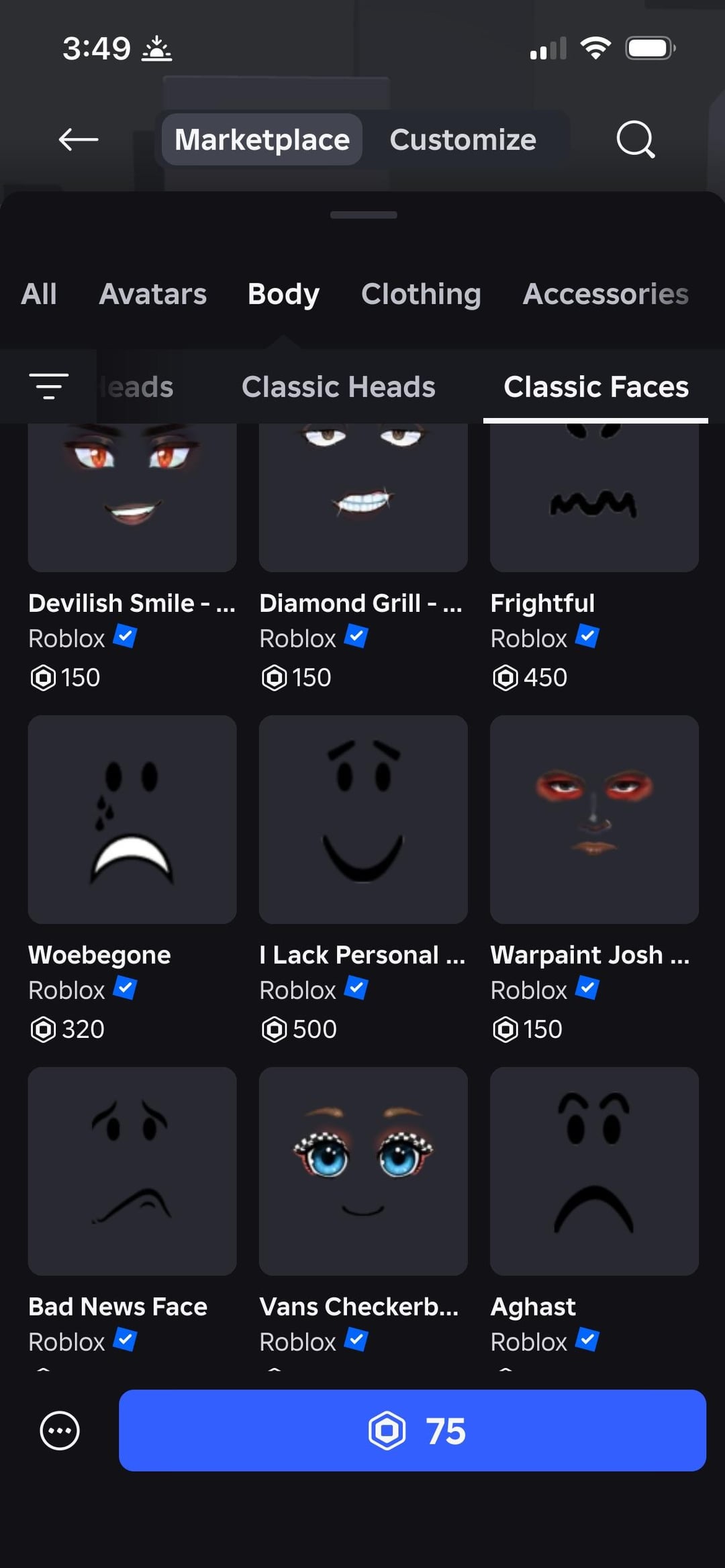 A 400% markup for most classic faces that Roblox still has available to ...