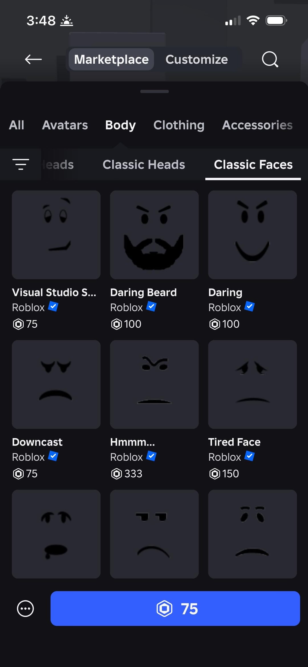 A 400% markup for most classic faces that Roblox still has available to ...